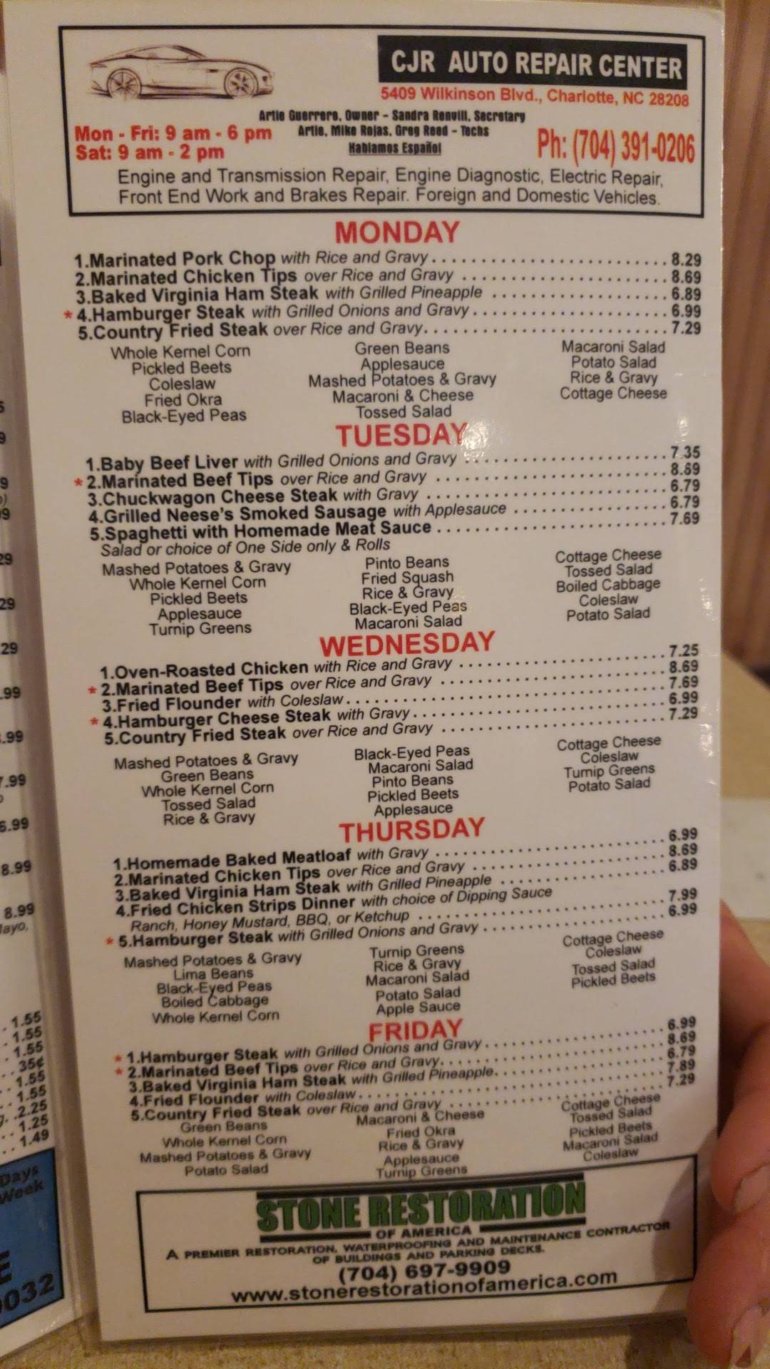 Menu at Carolina Family Restaurant, Charlotte, Wilkinson Blvd