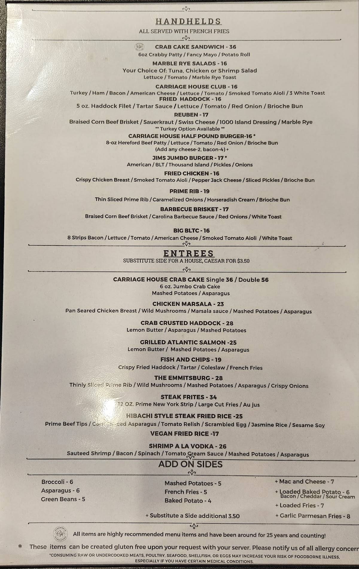 Menu at Carriage House Inn Restaurant & Catering, Emmitsburg