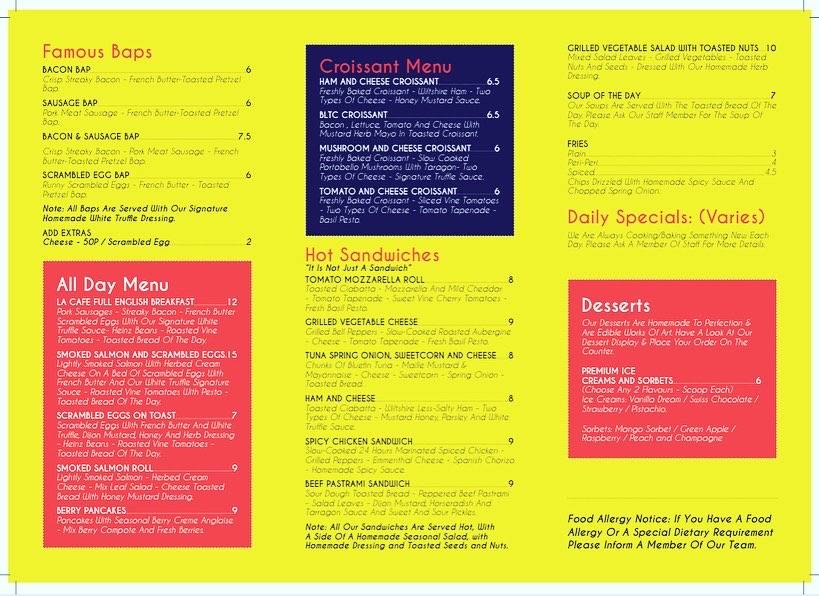 Menu at LA Cafe, Sutton