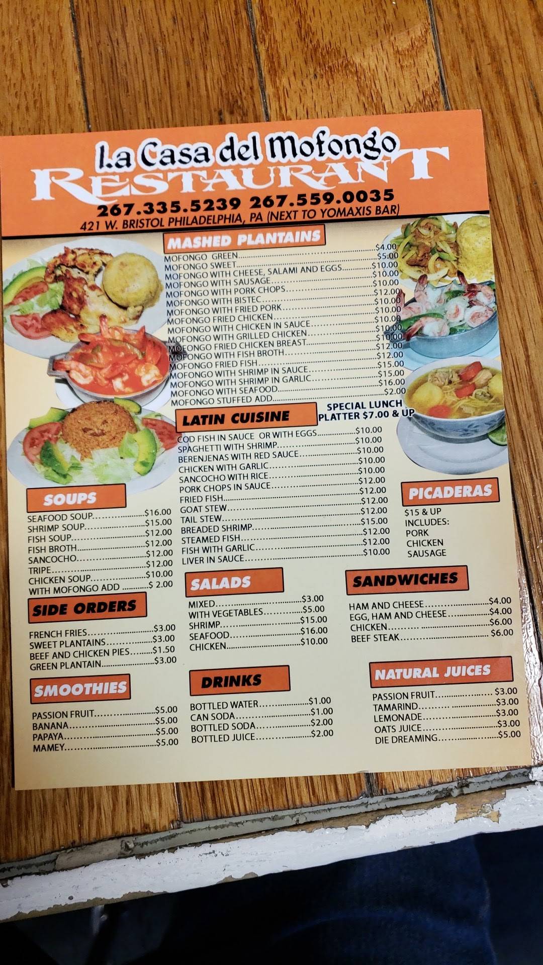 Menu at Casa Del Mofongo pub & bar, Philadelphia, N 5th St
