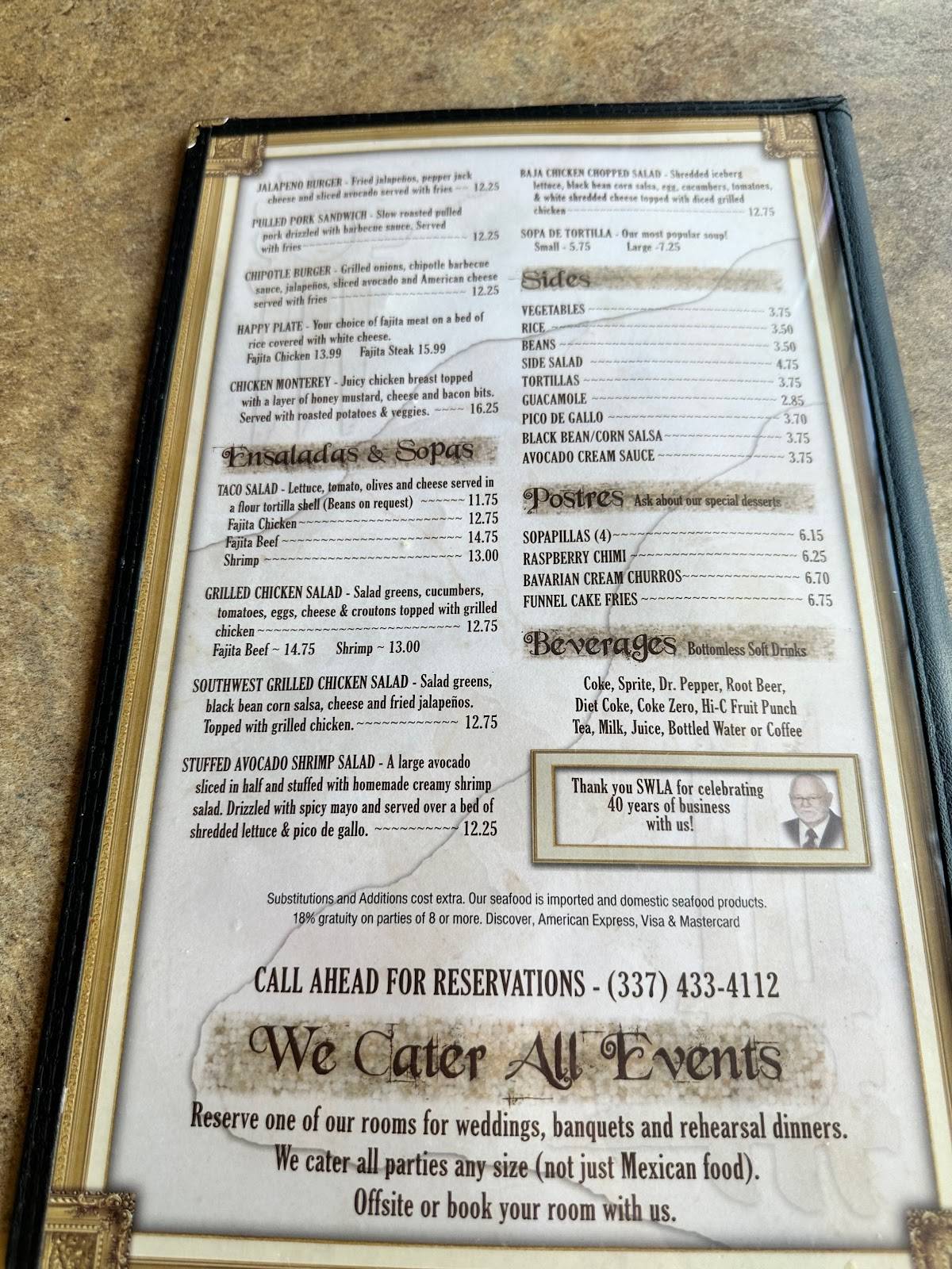 Menu at Casa Mañana Mexican Restaurant, Lake Charles, Ryan St