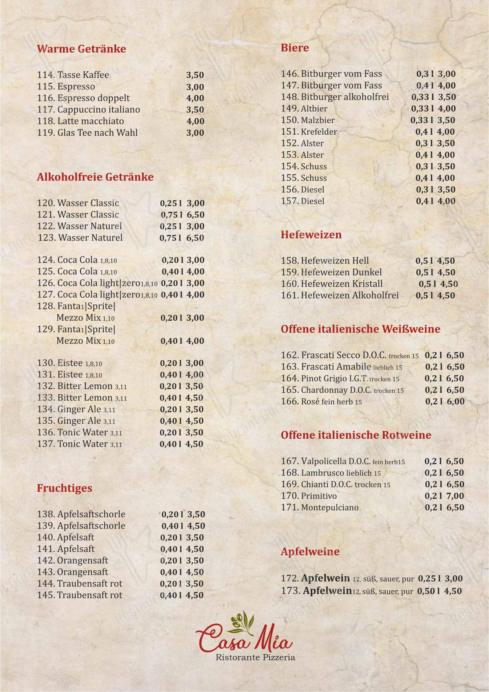 Speisekarte von Casa Mia Steeden - Ristorante und Pizzeria, Runkel