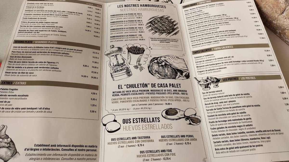 Menu at Casa Palet restaurant, Barcelona, Carrer de Laforja