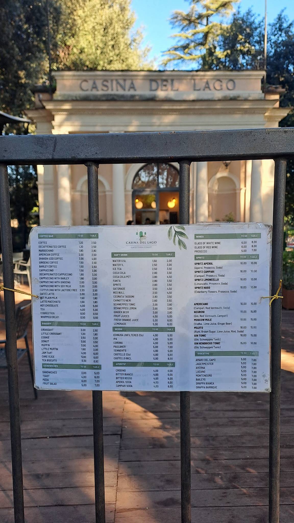 Menu at Casina del Lago cafe, Rome