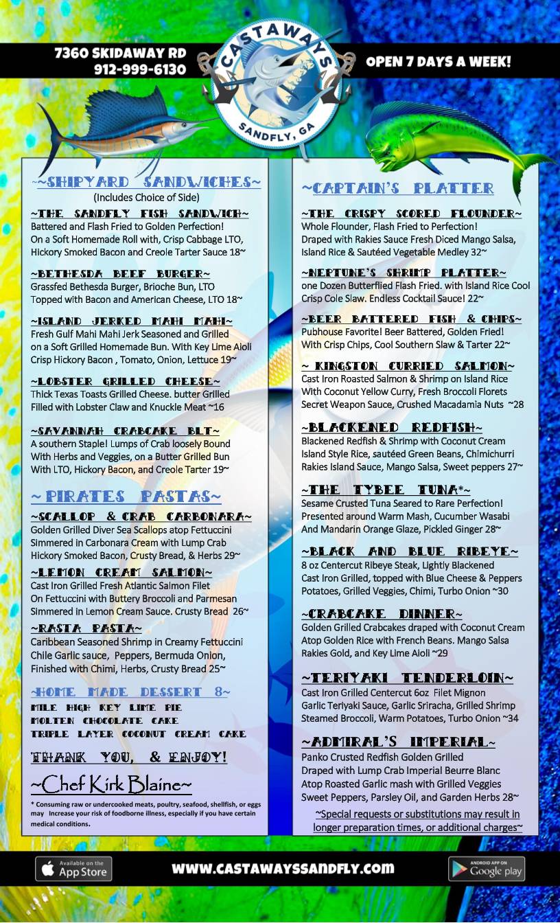 Menu at Castaways restaurant, Savannah, Skidaway Rd