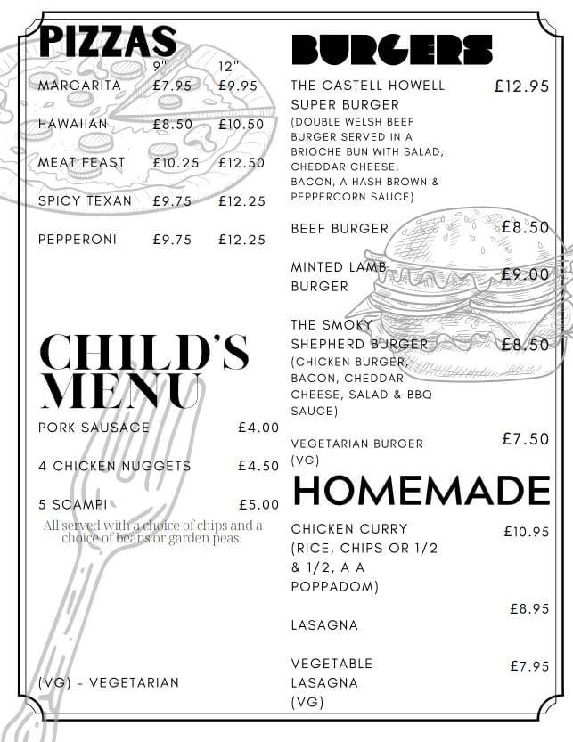 Menu at Castell Howell Leisure Centre & bar, England