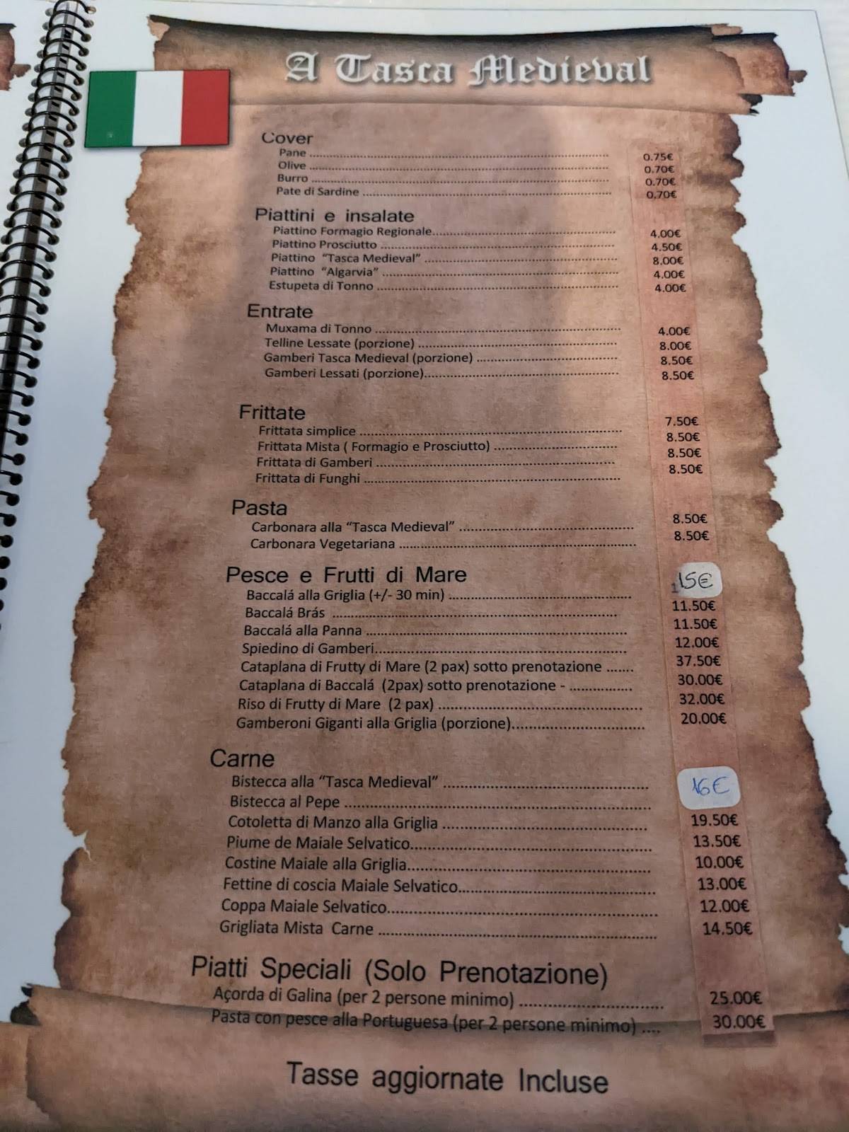 Carta del restaurante A Tasca Medieval, Castro Marim, R. 25 del Abril 65