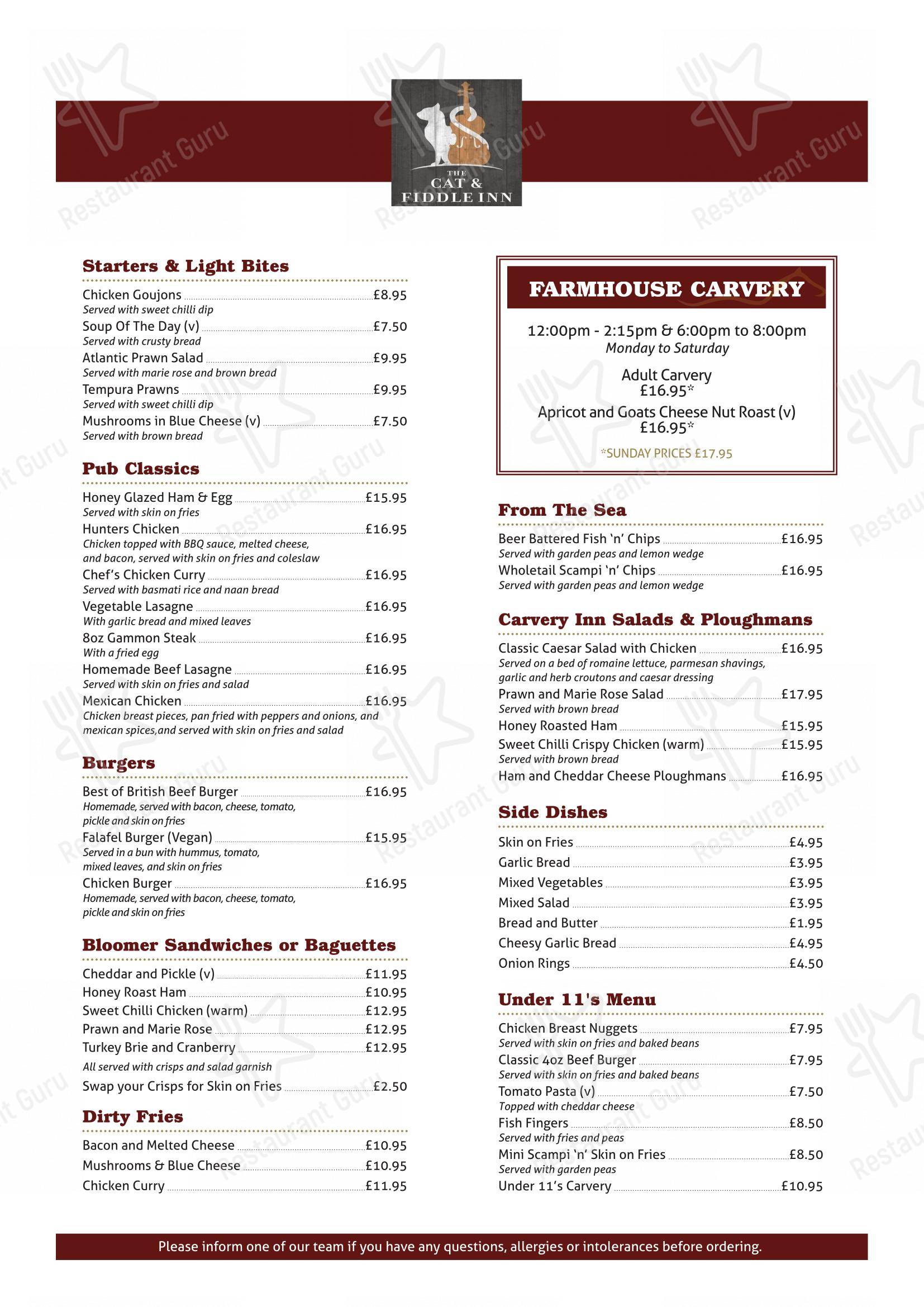 Menu at Cat & Fiddle Inn pub & bar, Exeter