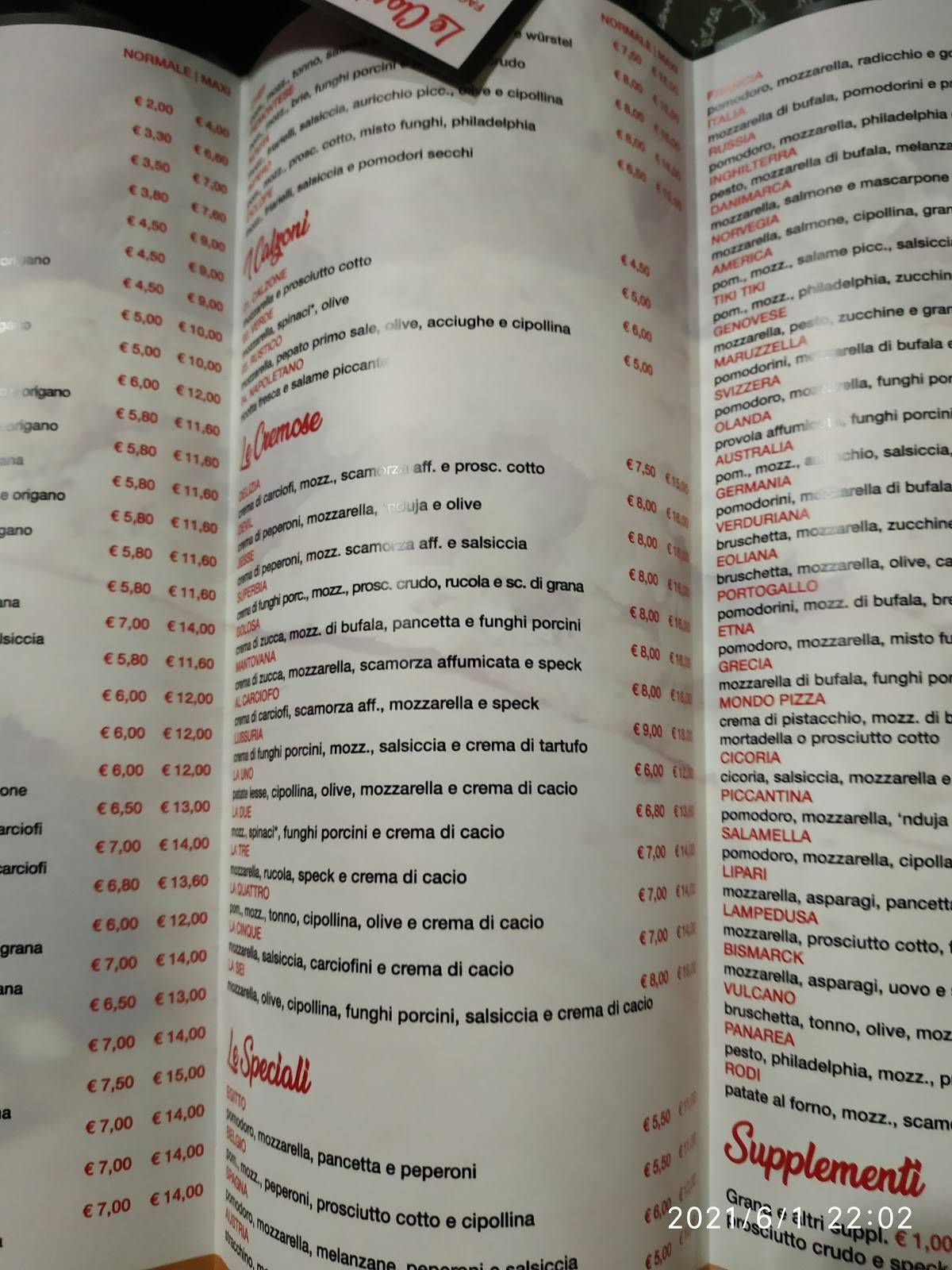 Carta del restaurante Mondo Pizza, Catania