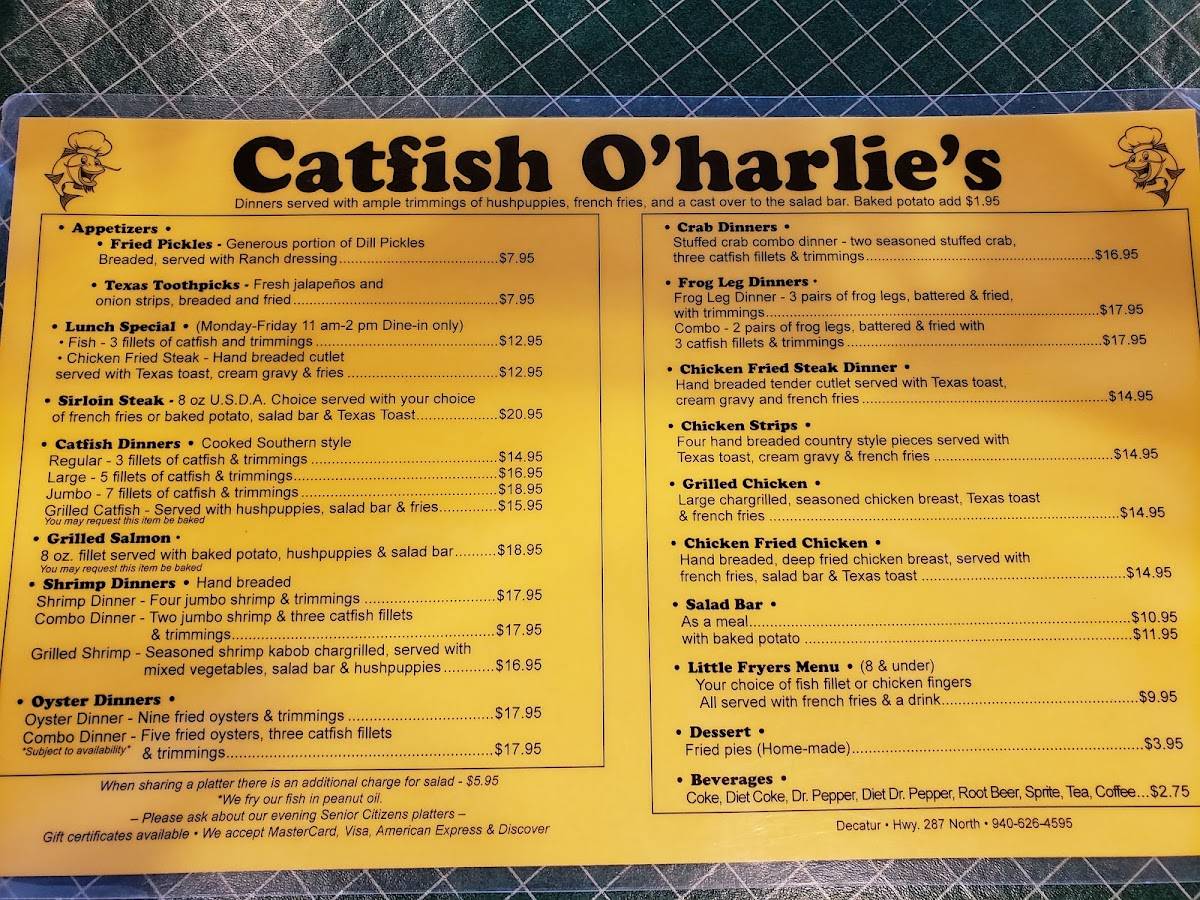 Menu at Catfish O'Harlies restaurant, Decatur