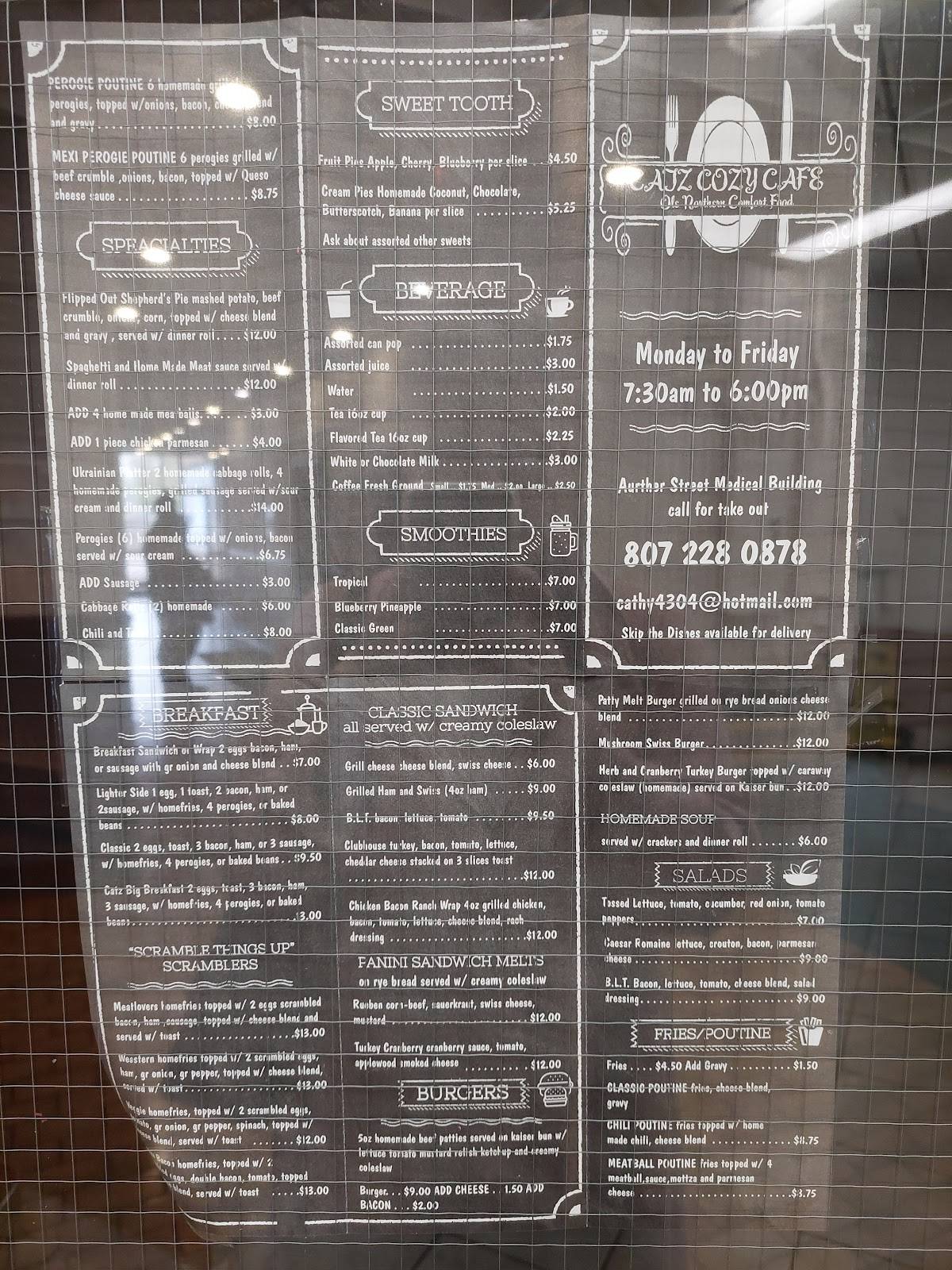 Menu at Catz Cozy Cafe, Thunder Bay