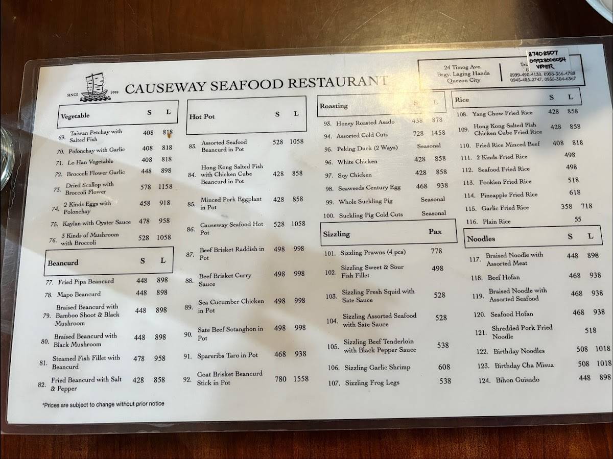 Menu at Causeway Seafood Restaurant, Quezon City, 24 Timog Ave
