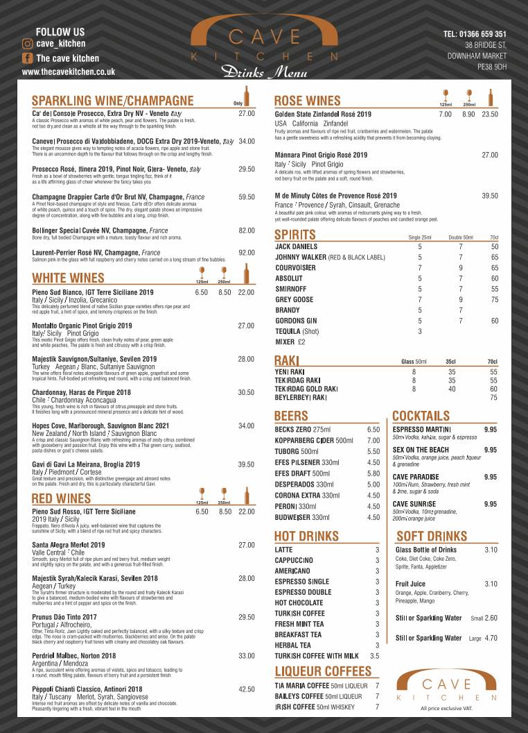 Menu at Cave Kitchen restaurant, Downham Market
