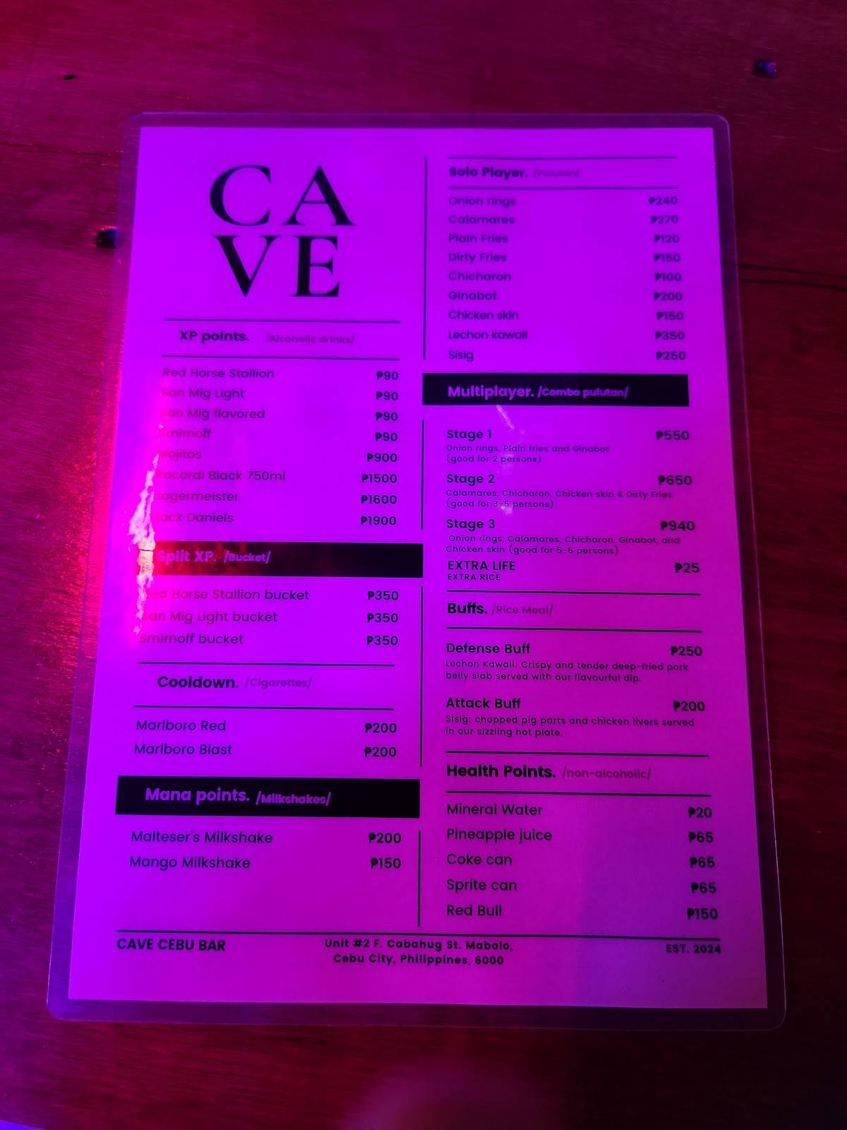 Menu at Cave Cebu Bar, Cebu City