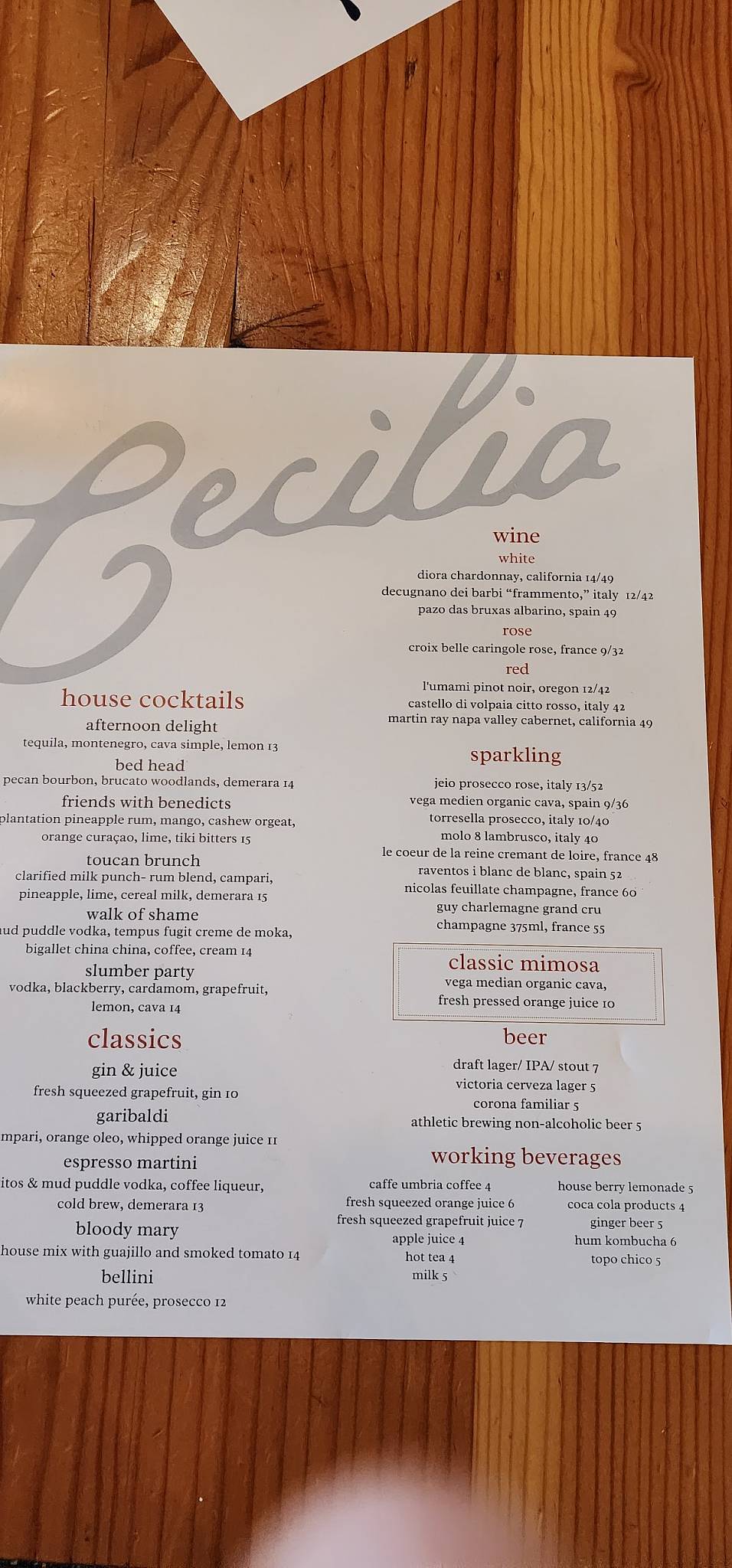 Menu at Cecilia restaurant, Vancouver