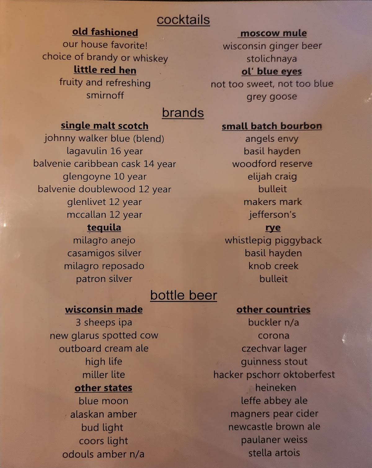 Menu at The Farmstead steakhouse, Cedarburg