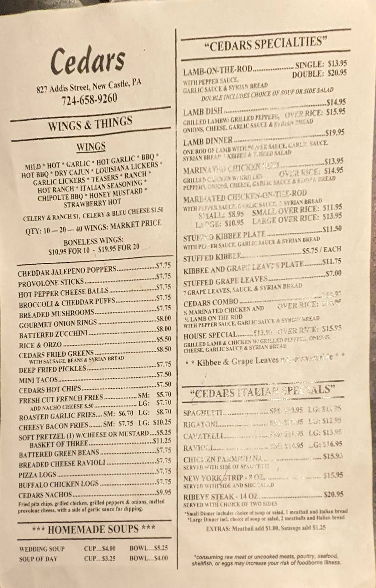 Menu at Cedars restaurant, New Castle