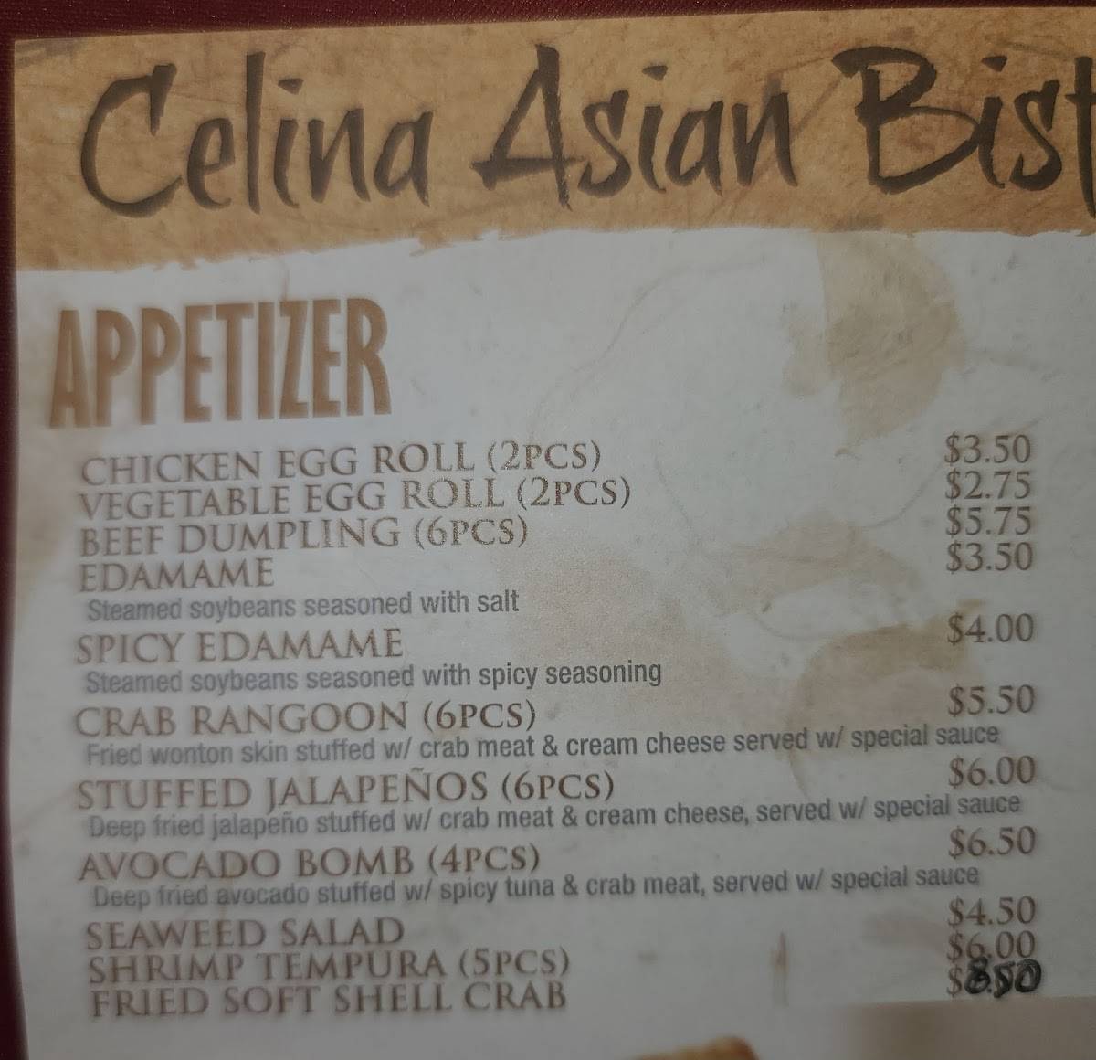 Menu at Celina Asian Bistro restaurant, Celina