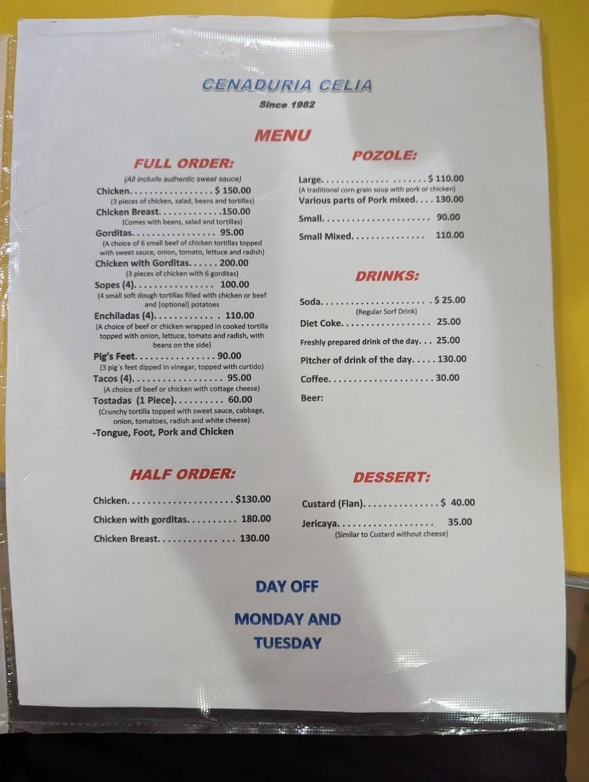 Menu at Cenaduria Celia restaurant, Puerto Vallarta, Lázaro Cárdenas 506