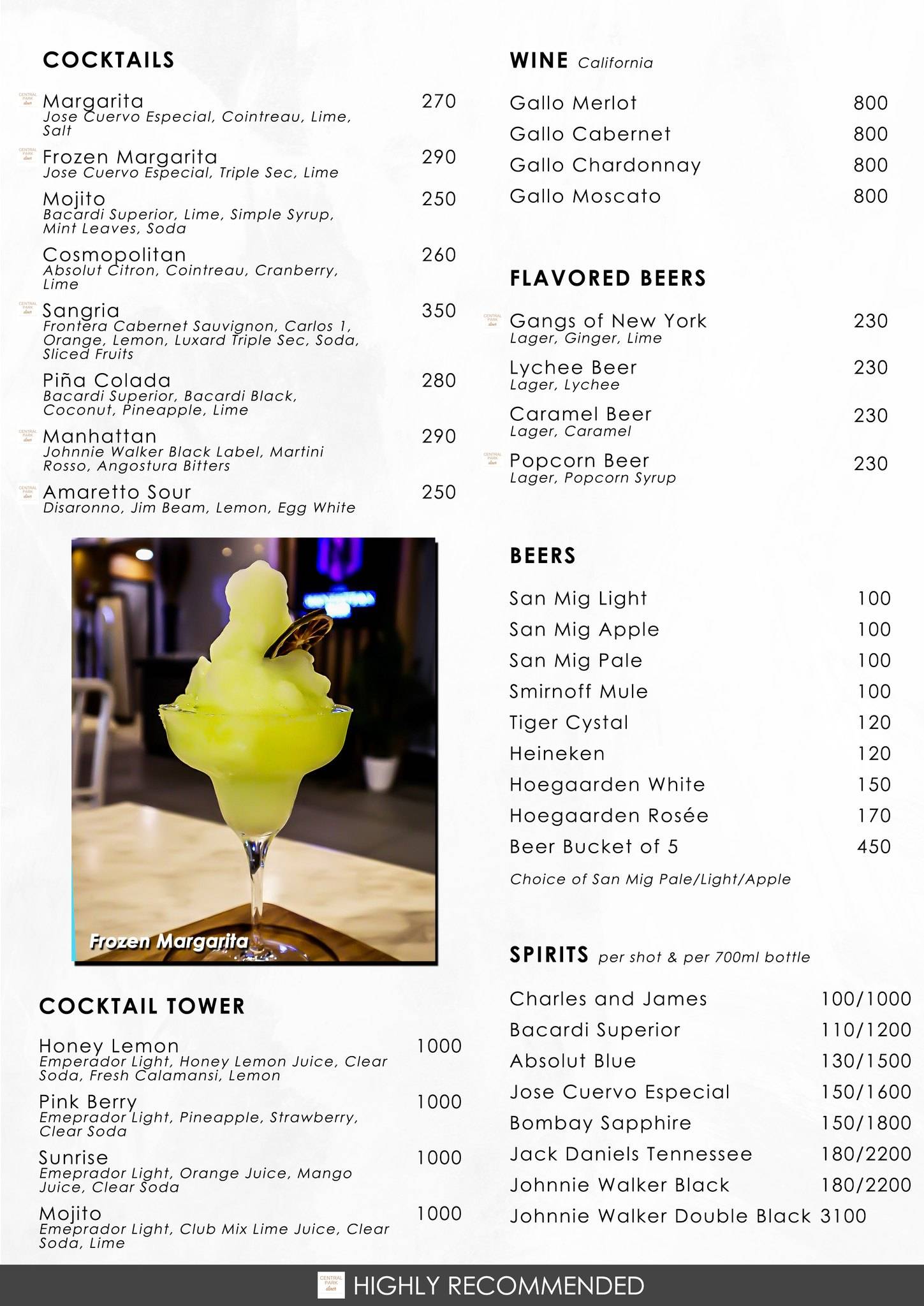 Menu at Central Park Diner restaurant, Quezon City