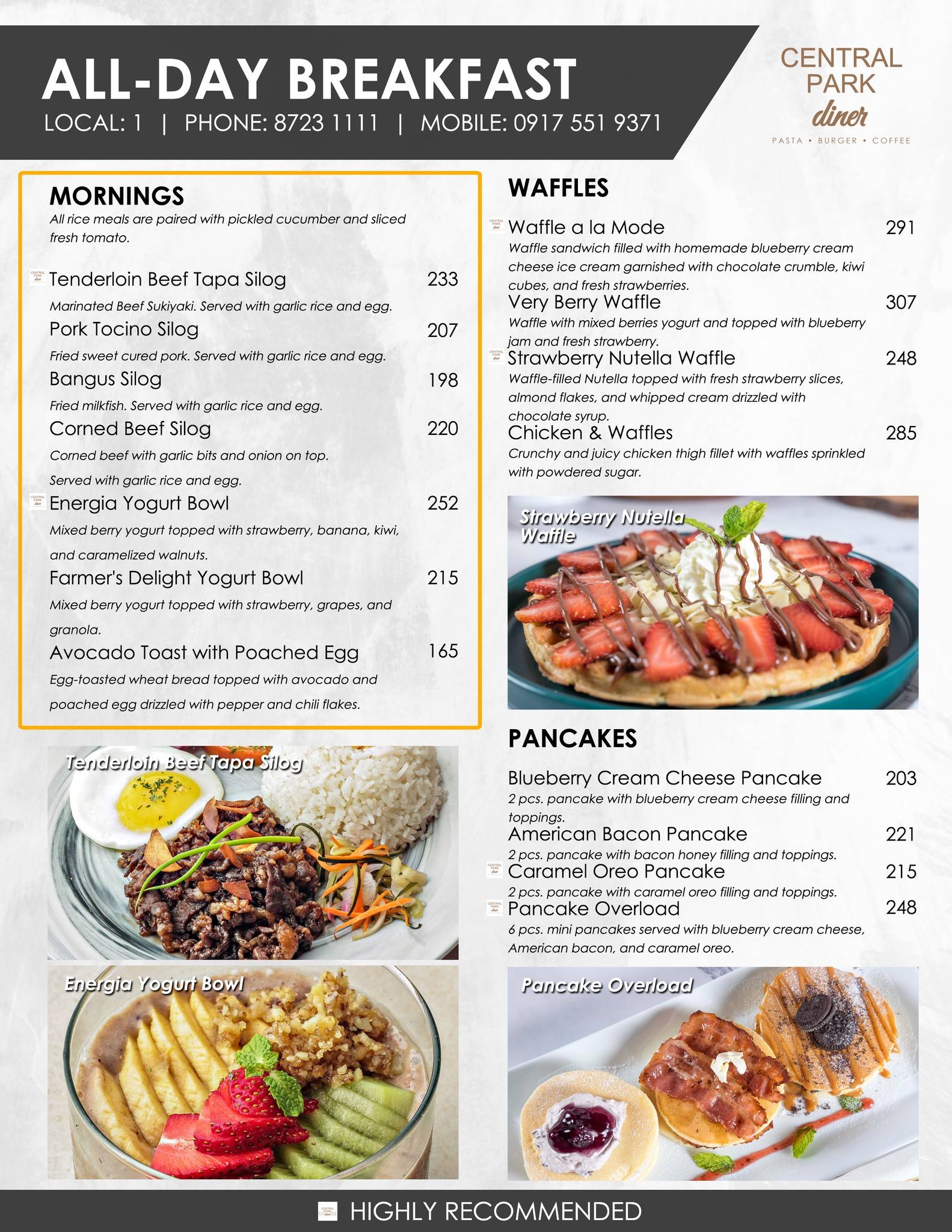 Menu at Central Park Diner restaurant, Quezon City