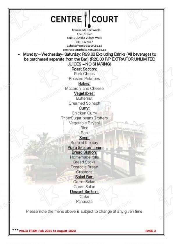 Menu at Centre Court restaurant, Durban, uShaka Marine World