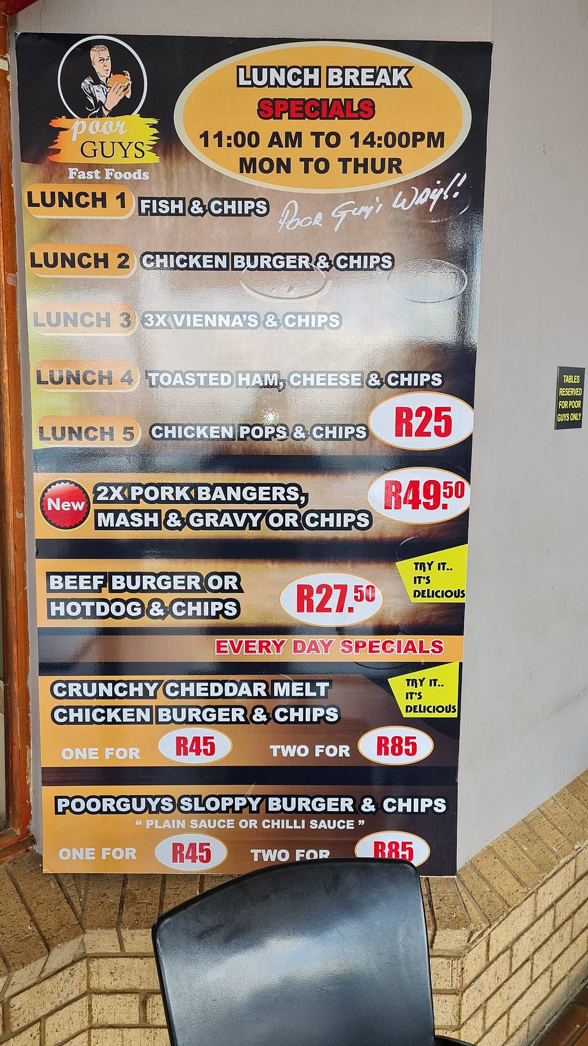 Menu at Poor Guys Fast Food, Pretoria