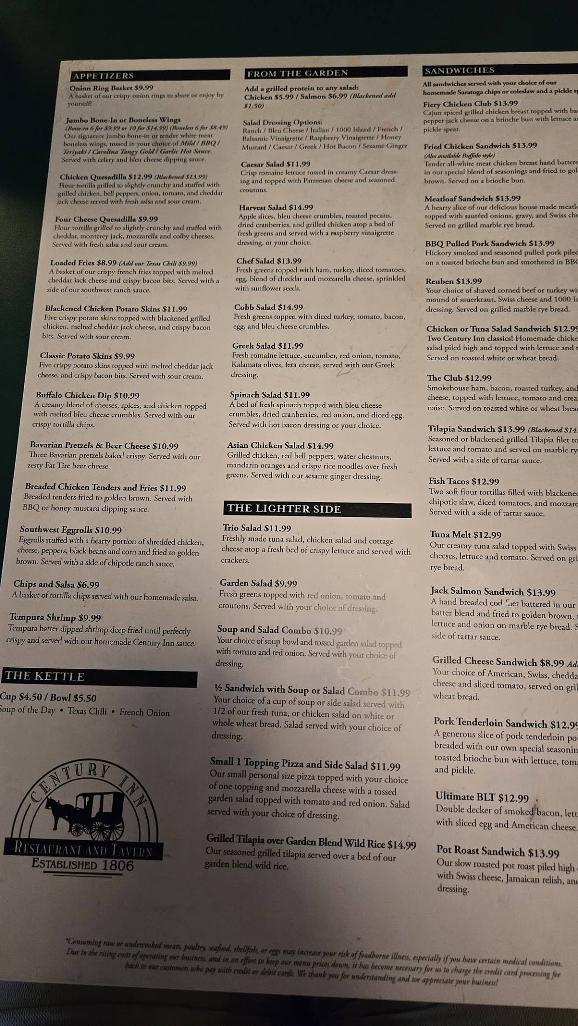 Menu at Century Inn Restaurant, Cincinnati, Springfield Pike