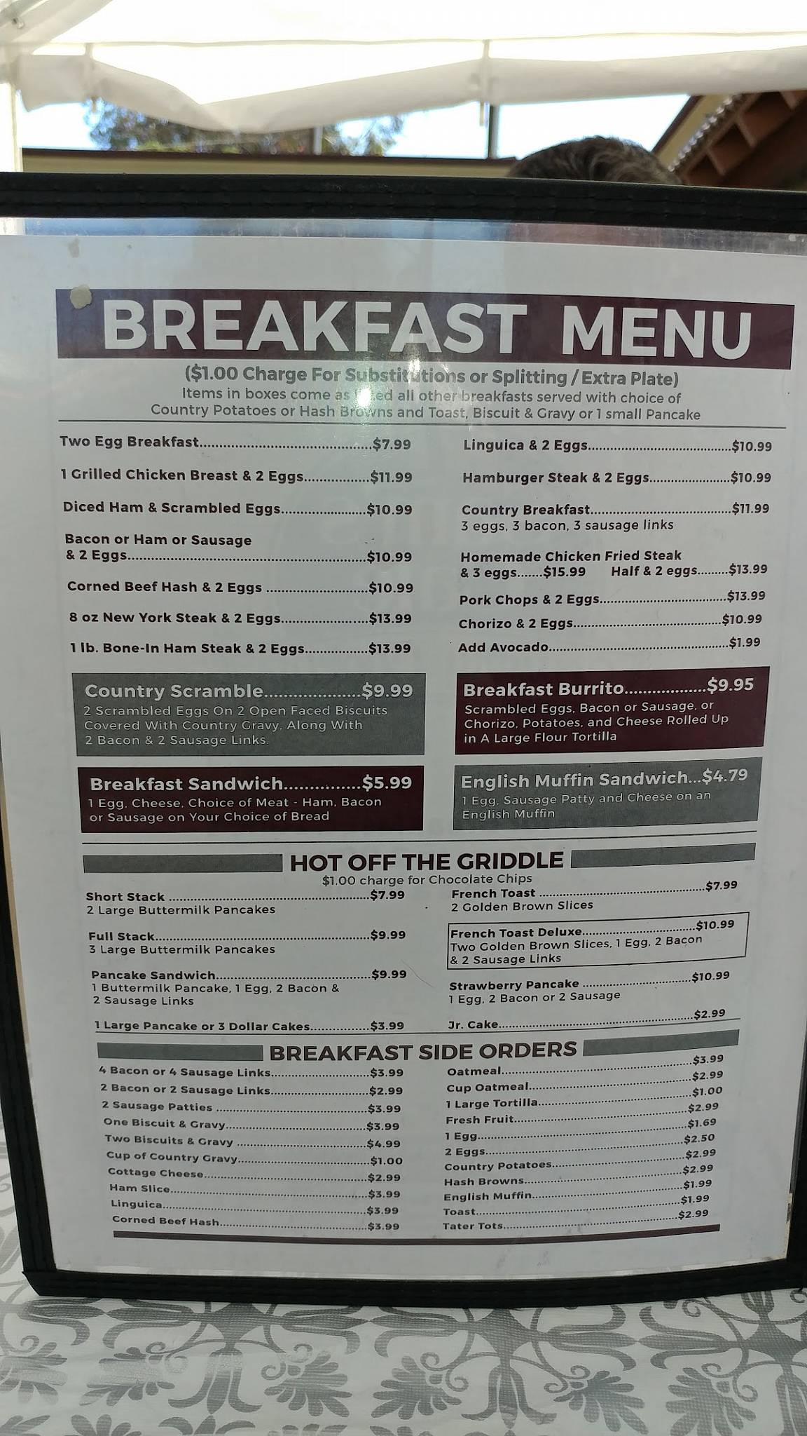 Menu at Sam's Cafe, Ceres