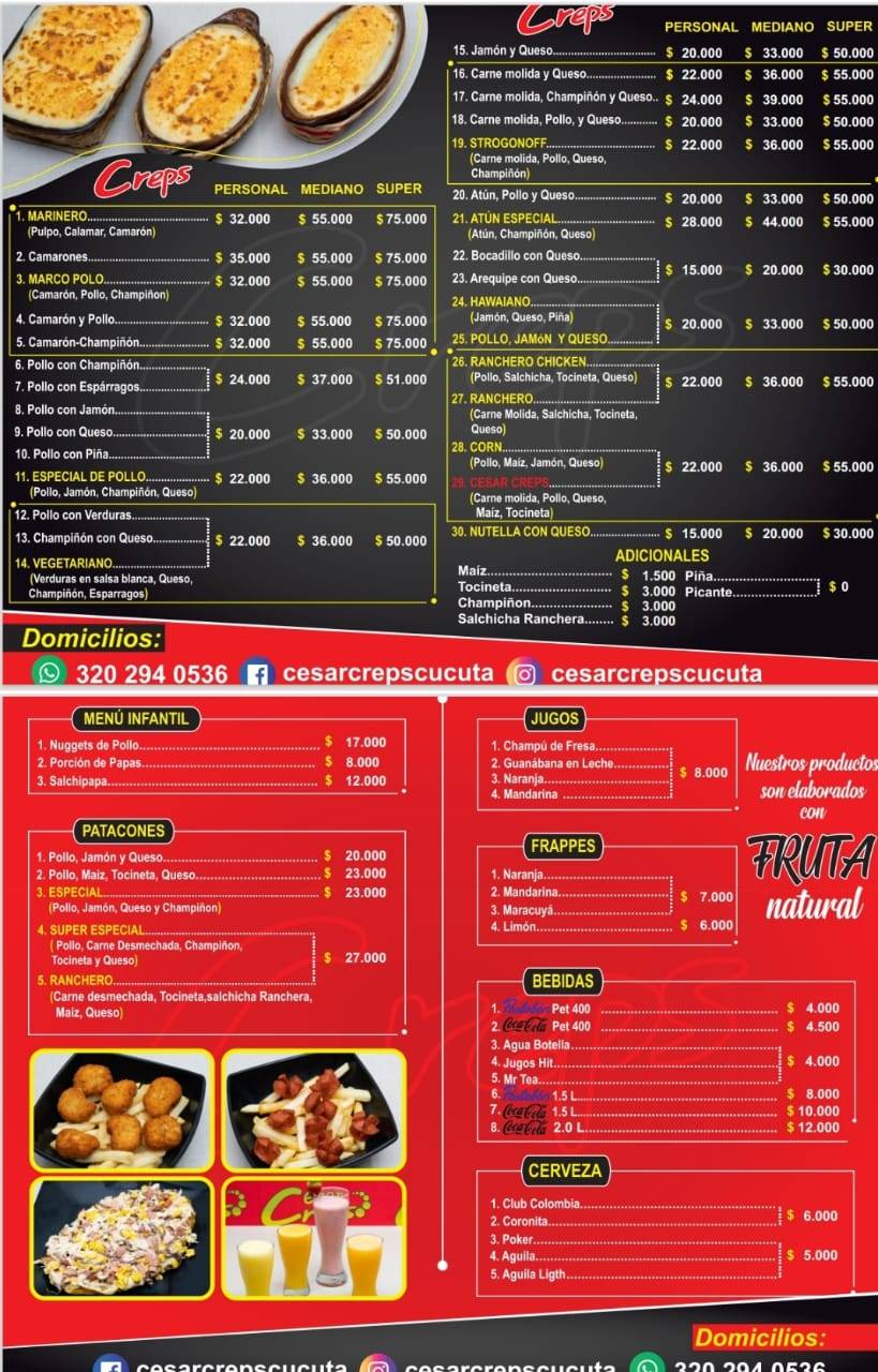 Carta del restaurante César Creps Caobos, Cúcuta