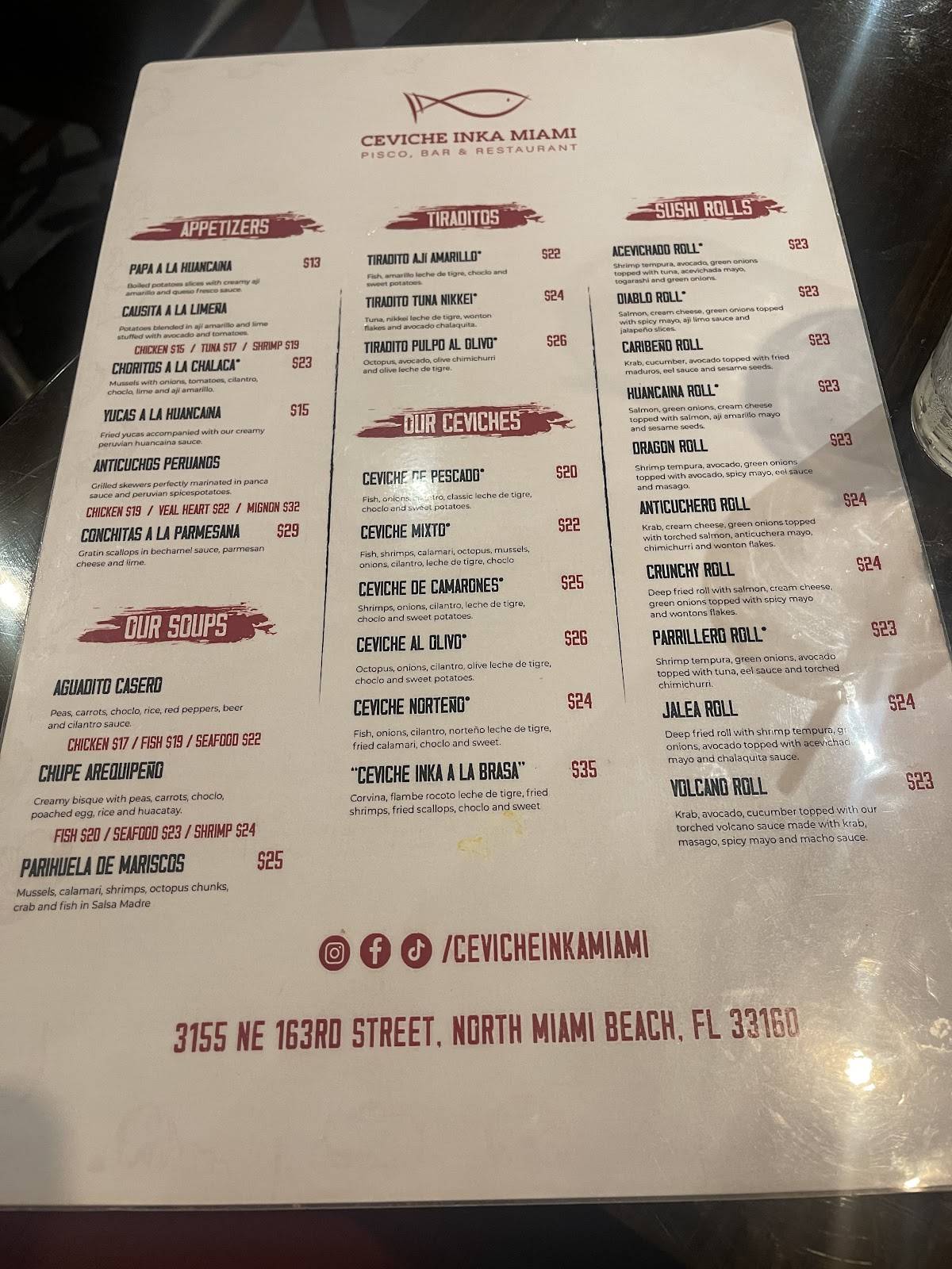 Menu at Ceviche Inka Miami restaurant, North Miami Beach