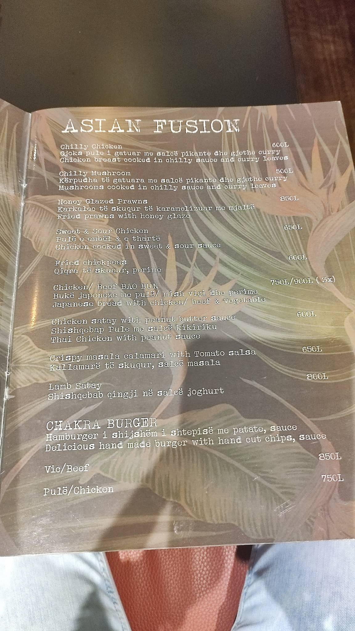 Menu at Chakra India Fusion restaurant, Tirana