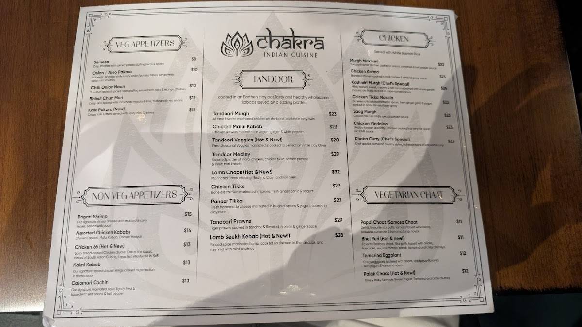 Menu at Chakra Indian Cuisine restaurant, Morristown