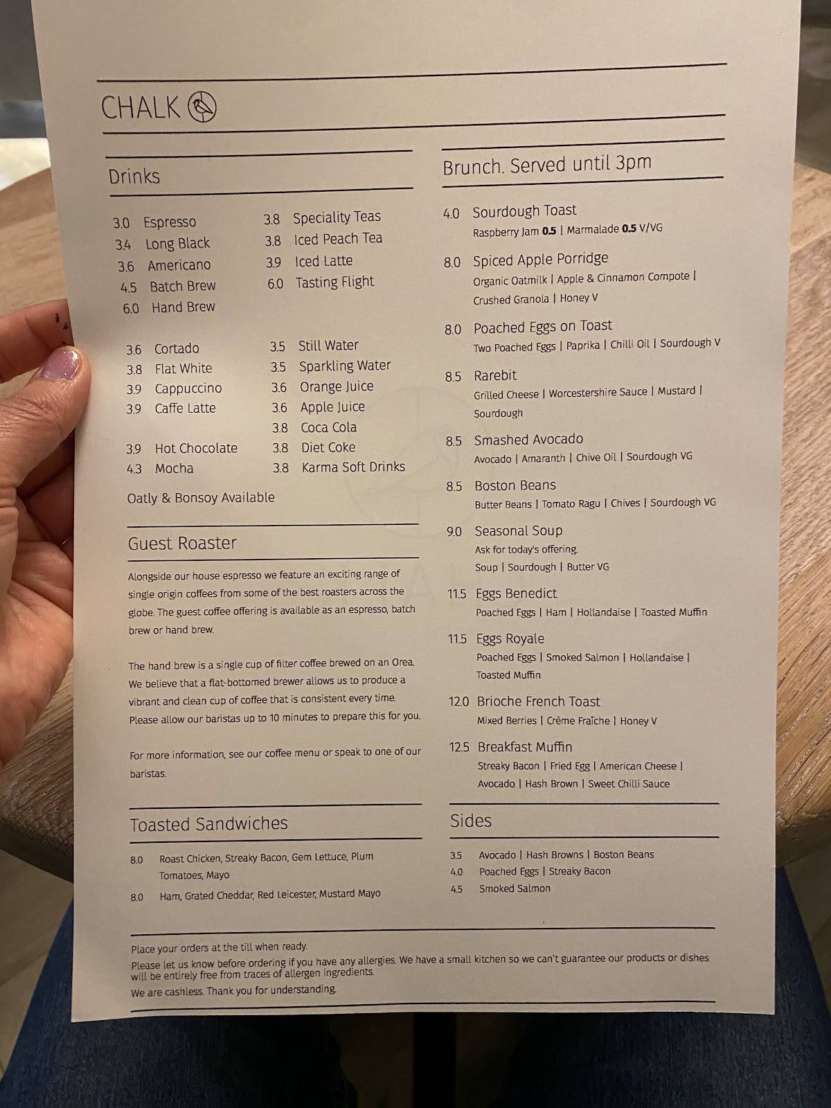 Menu at Chalk Coffee cafe, Chester