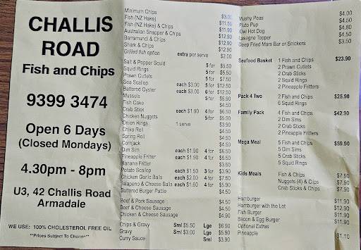 Menu at Challis Road Fish and Chips restaurant, Armadale
