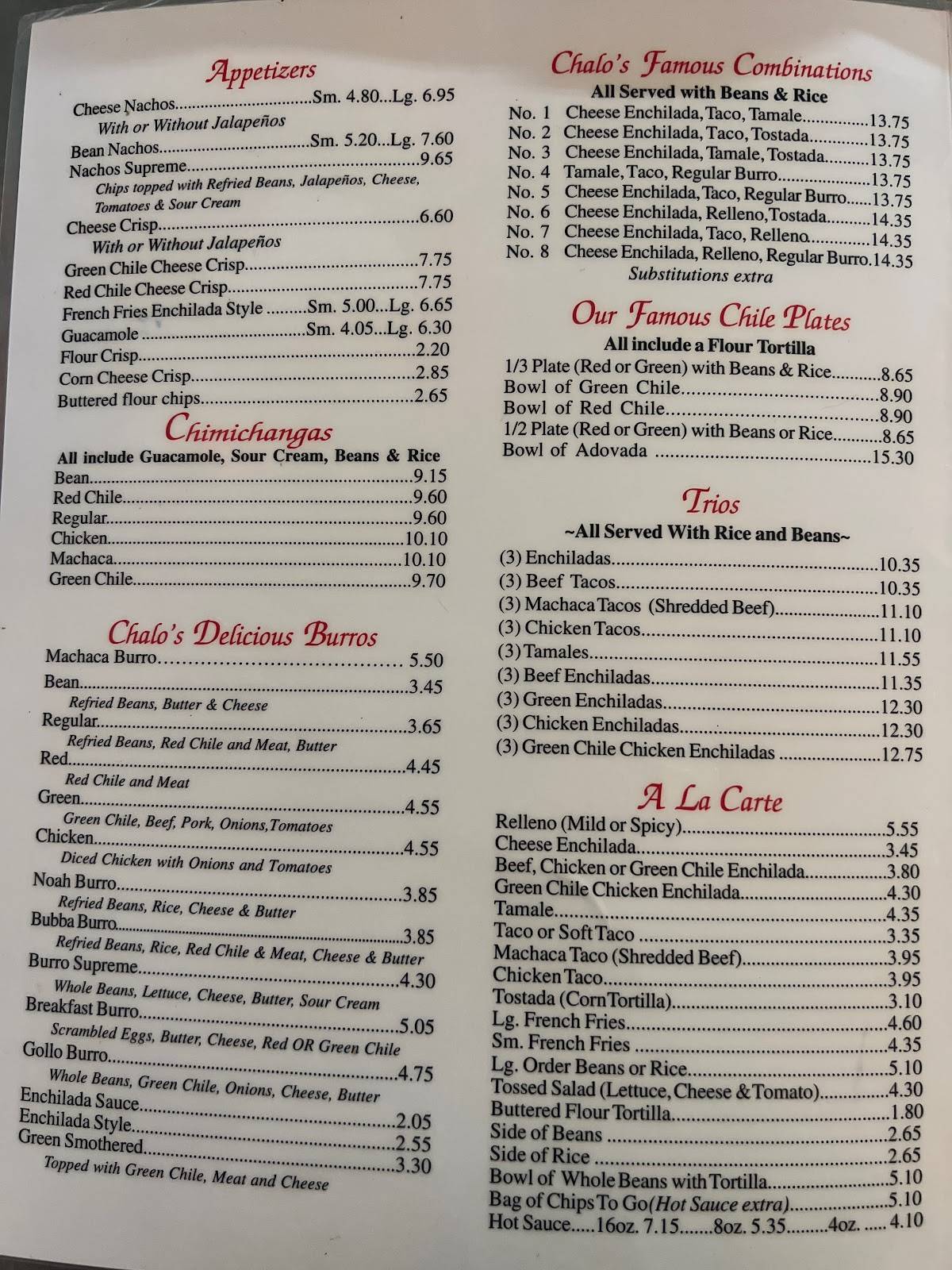 Menu at Chalo's Casa Reynoso restaurant, Globe