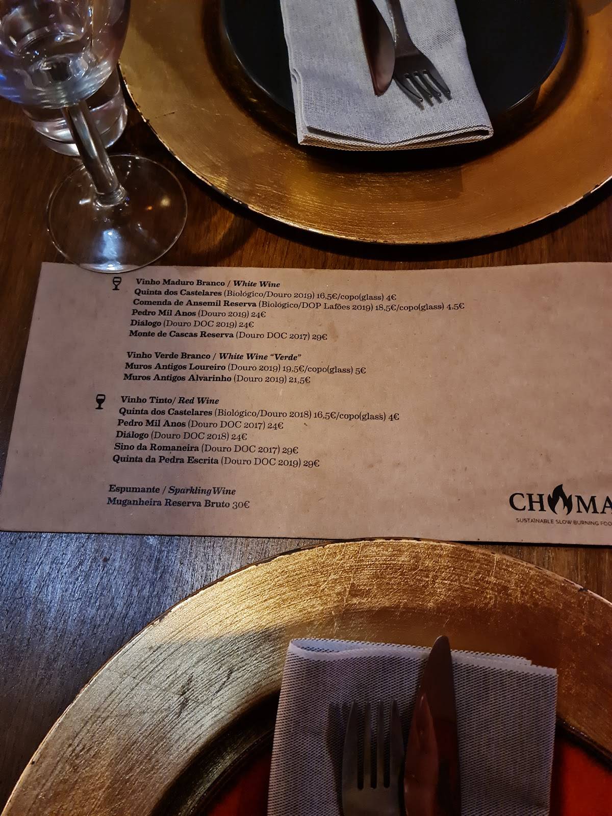 Menu at Chama restaurant, Porto