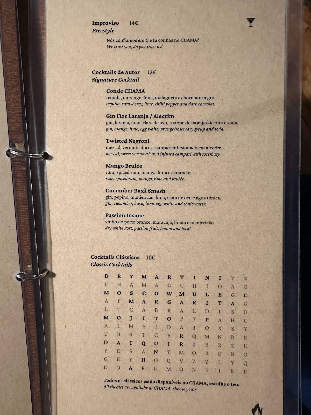 Menu at Chama restaurant, Porto