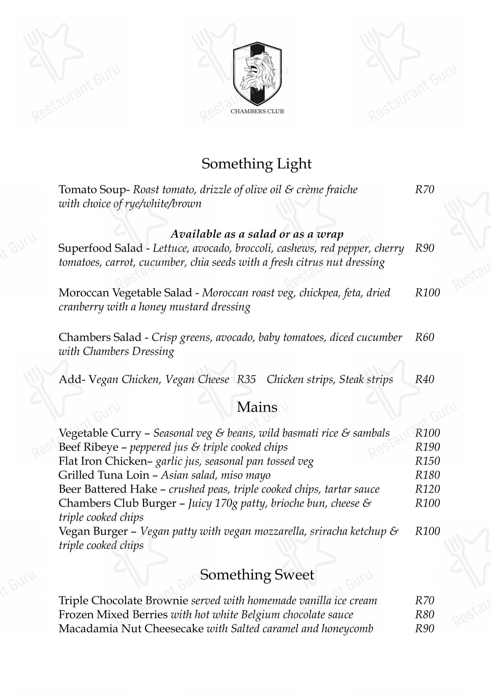 Menu at Chambers Club, Durban