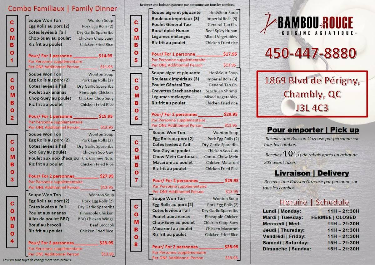 Menu au Bambou rouge restaurant, Chambly