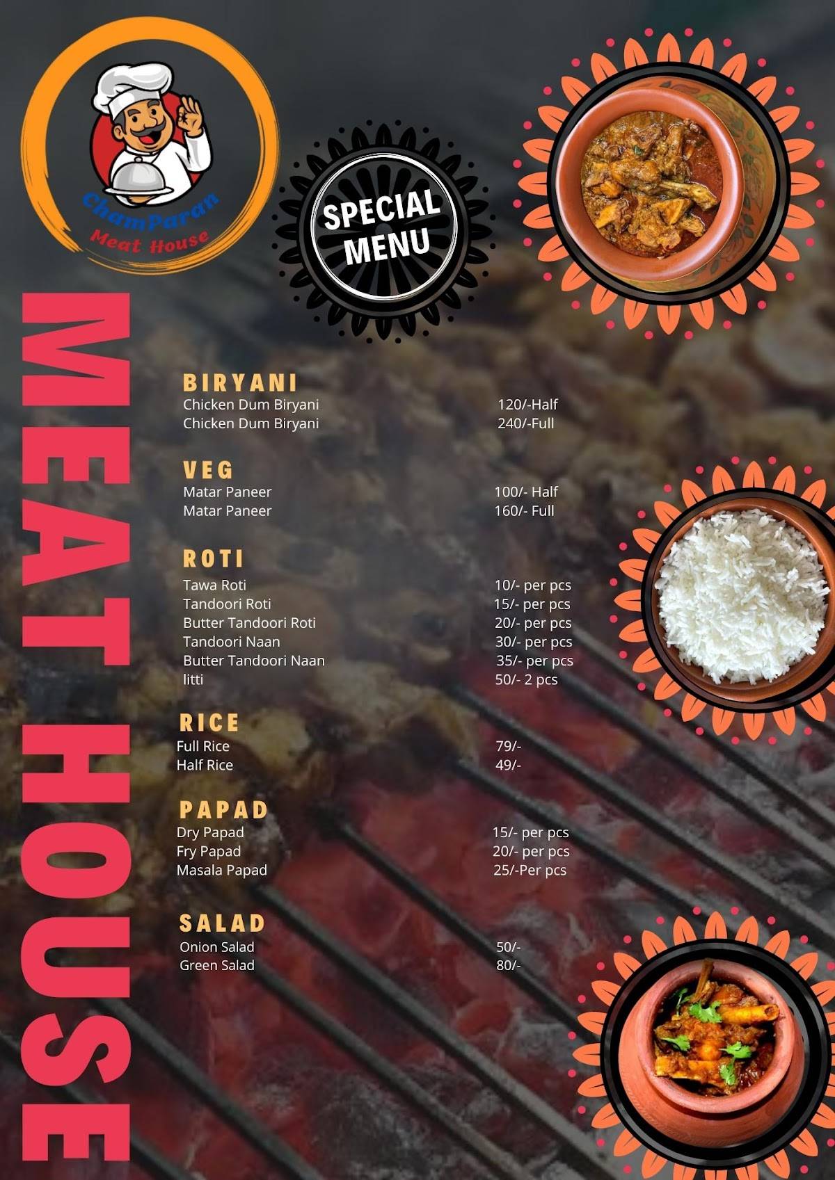 Menu at Champran meat house, Raipur