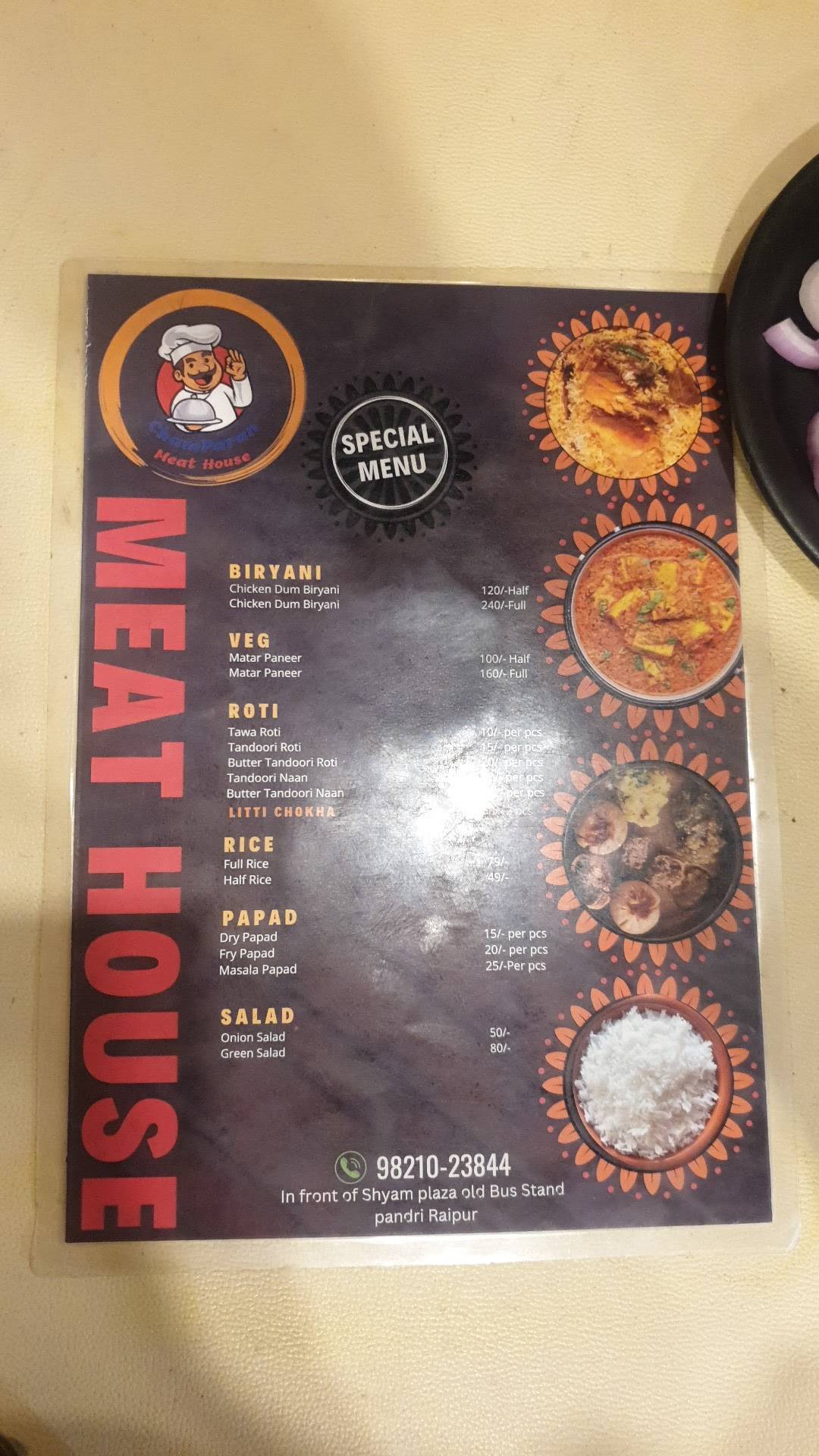 Menu at Champran meat house, Raipur