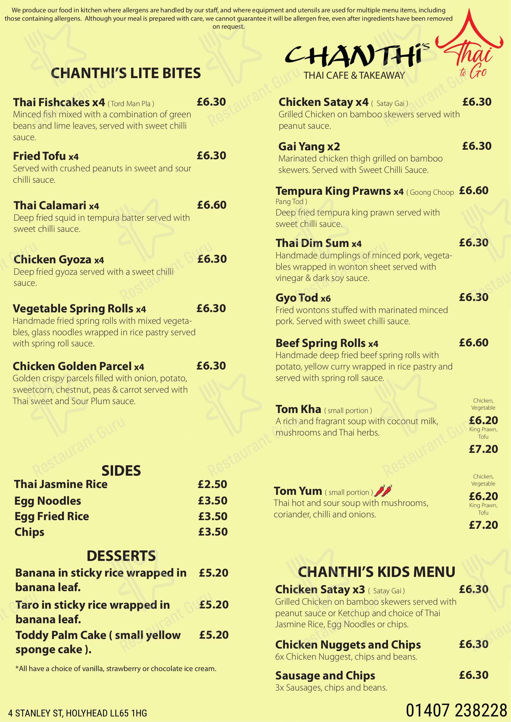 Menu at Chanthi's Thai to Go restaurant, Holyhead