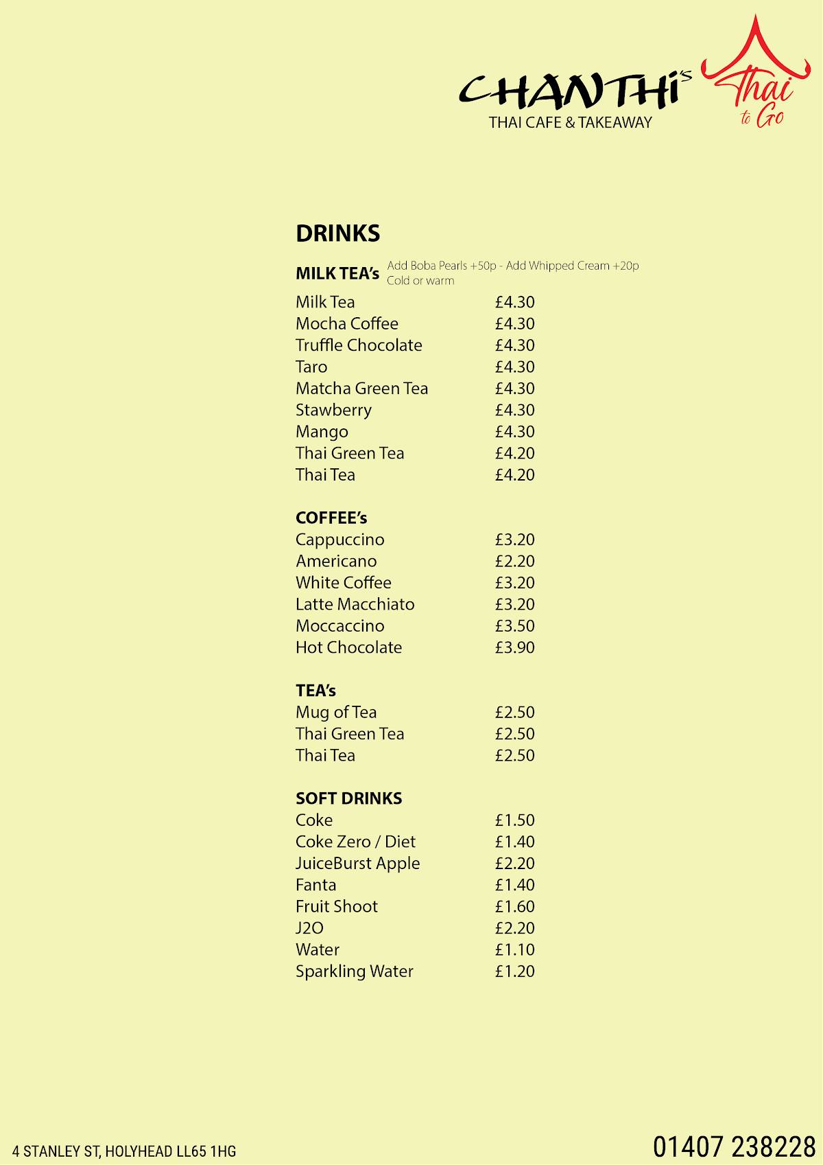 Menu at Chanthi's Thai to Go restaurant, Holyhead