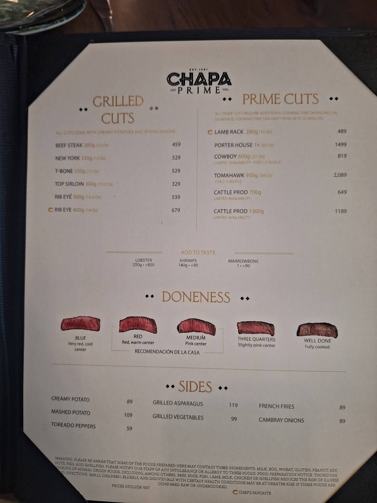 Menu at Chapa Prime restaurant, Ciudad Juarez, Av. P.º de la Victoria ...
