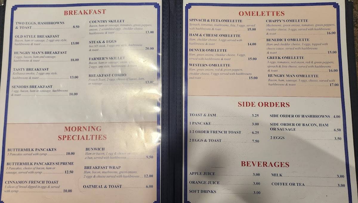 Menu at Chappy's Restaurant & Lounge, Regina
