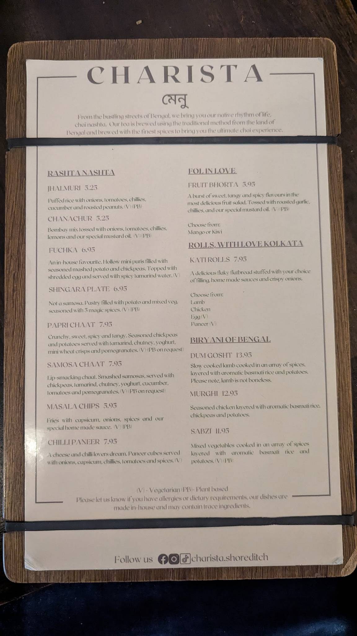 Menu at Charista restaurant, London