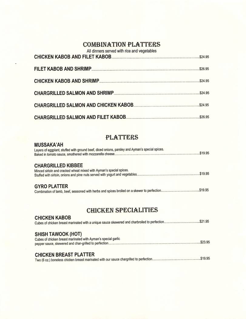 Menu at Aladdin Restaurant, Charleston