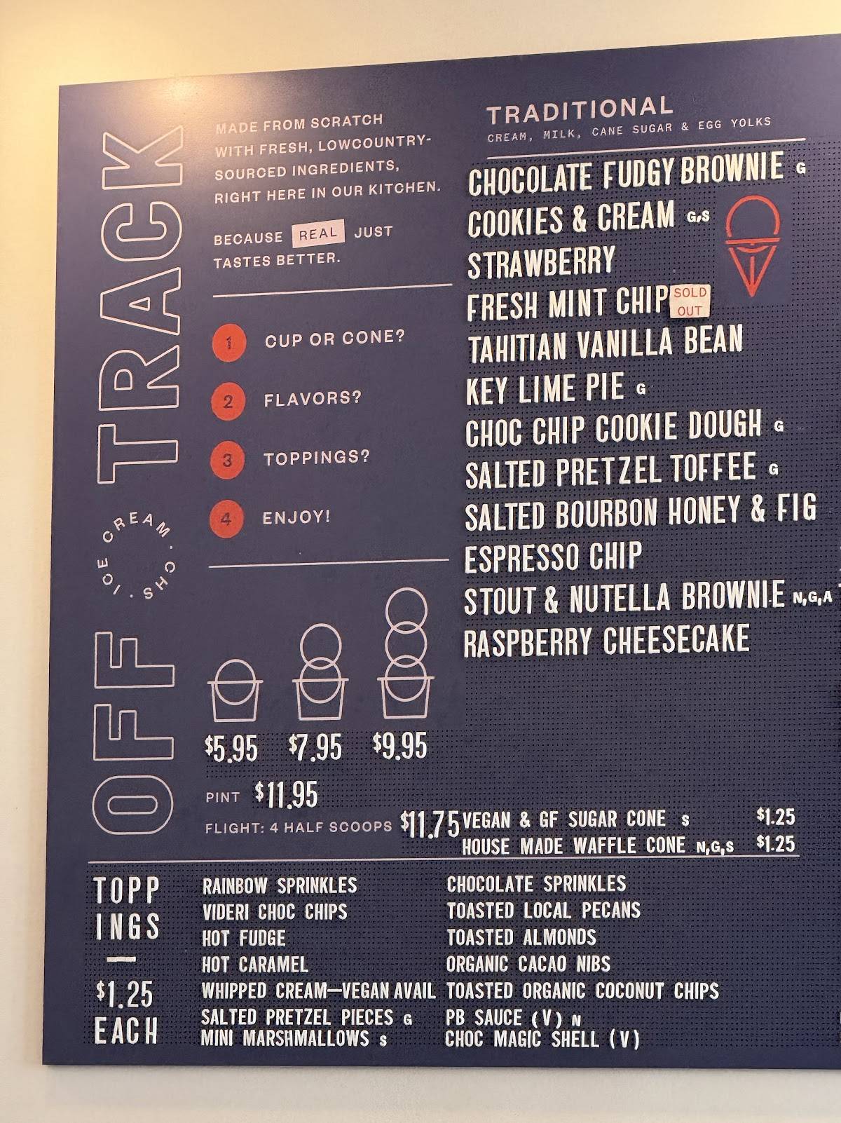 Menu at Off Track Ice Cream restaurant, Charleston