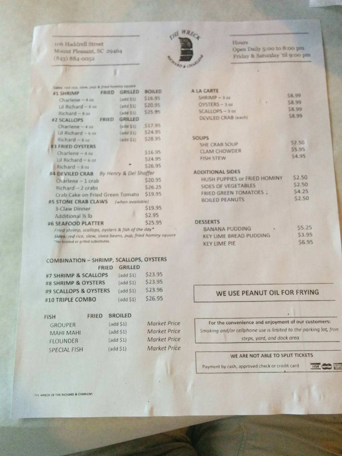 Menu at Wreck of the Richard & Charlene restaurant, Mount Pleasant